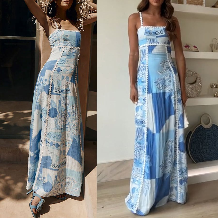 Linen Trims Unique Print Back Tie-up Slip Flared Linen Maxi Dress ...